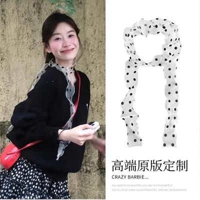 2025早春新款黑白波点飘带丝巾气质女氛围感围巾甜美百搭文艺丝带