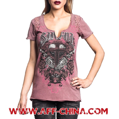 AFFLICTION美国本土潮牌 中长款做旧拼接 蕾丝显瘦 印花短袖T恤女