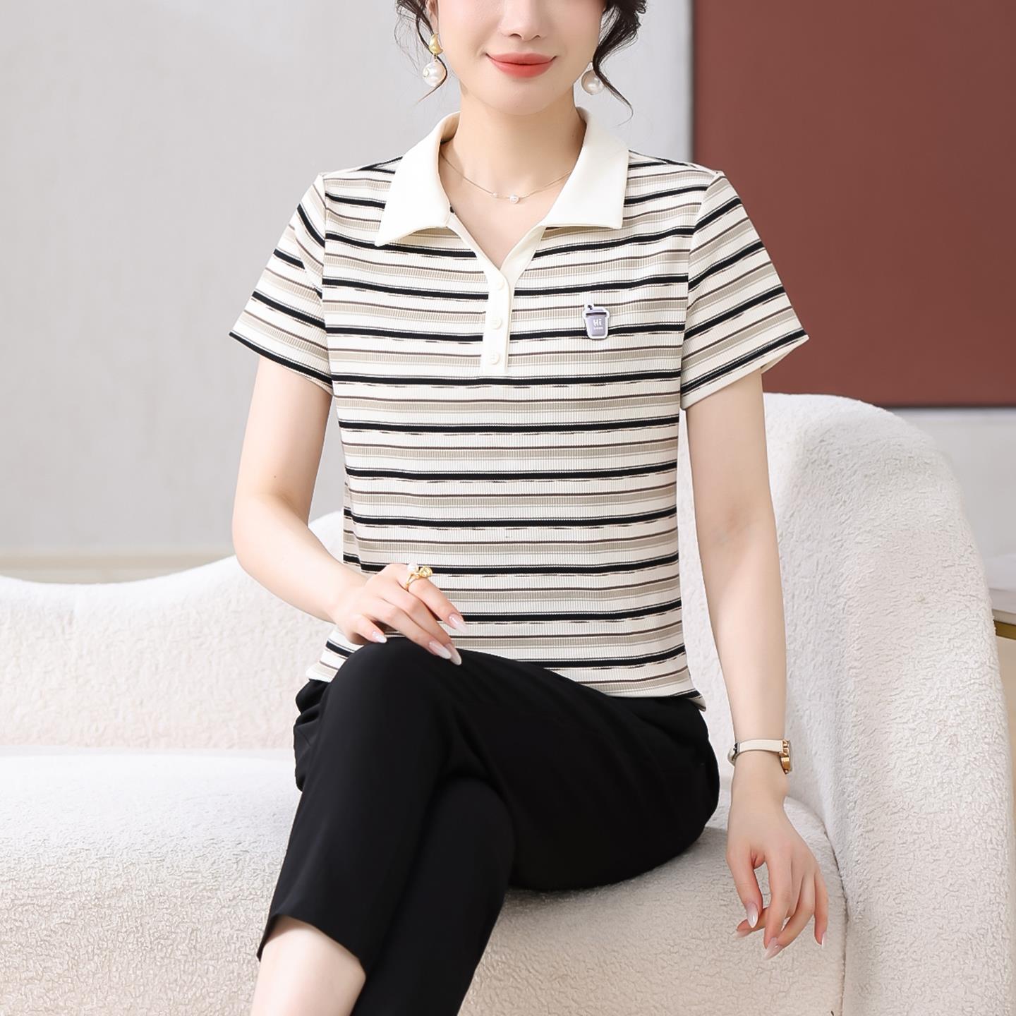 动套装女夏1074059新洋气妈妈翻领条纹短袖九分运裤时尚休款两闲