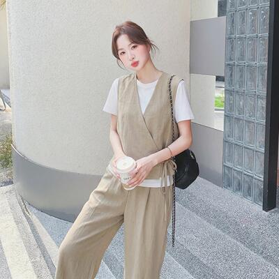 老钱风松弛感穿C079-268马甲装新女夏季年套款休闲恤阔搭腿裤三件