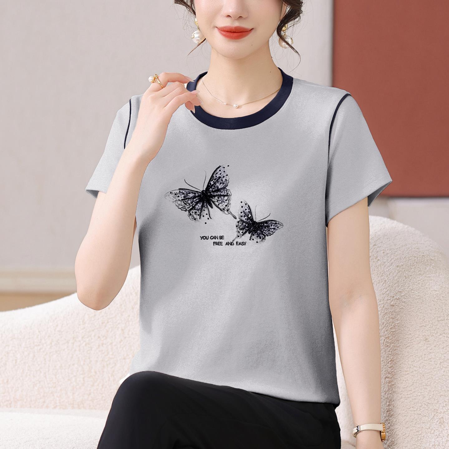 短袖运动新套装女夏款洋气件妈妈圆1081228领休闲服九步分裤跑服