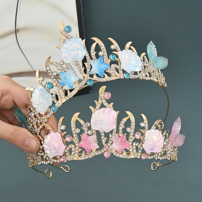新款人鱼公主皇冠头饰小女孩王冠水晶大发箍生日演出走秀主持发饰