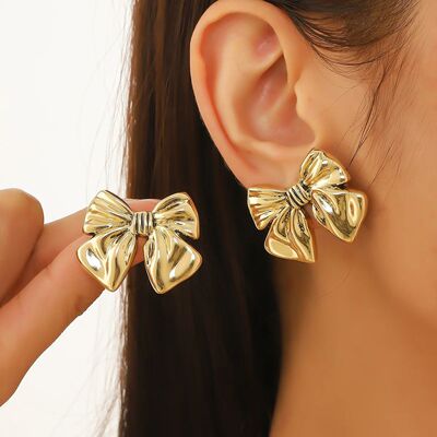 1 Pair Stainless Steel Metal Ribbon Bow Stud Earrings for Wo