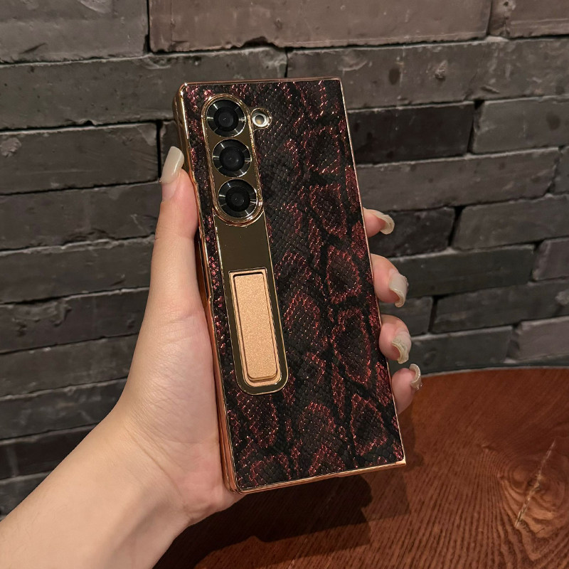 适用于w24折叠屏壳Galaxy Z Fold5鎏金边真皮保护套w2电镀蟒纹w22防窥壳膜一体fold6男女fold7外壳