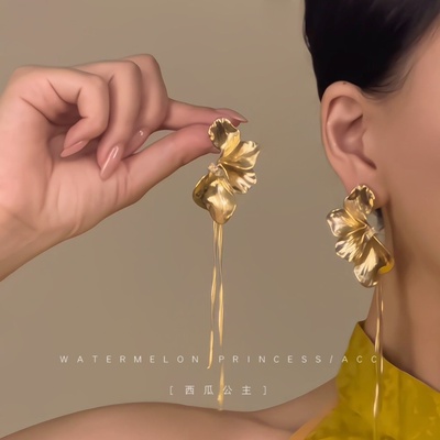 「鎏金飞花」新中式国风耳环女古风金色花朵长款流苏旗袍汉服耳饰