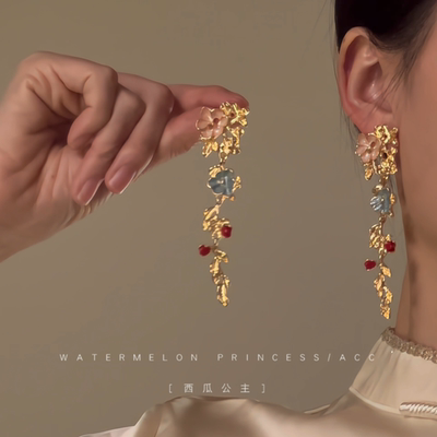 「春日现花」新中式国风耳环女古风金色花朵搭旗袍汉服马面裙耳饰