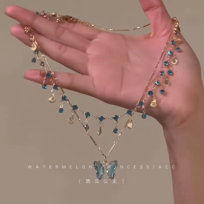 「蓝蝶之恋」蓝色蝴蝶项链女款2025新款爆款双层叠戴锁骨链配饰