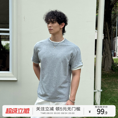TF男士夏季时尚宽松透气假两件短袖亨利领T恤休闲百搭运动简约