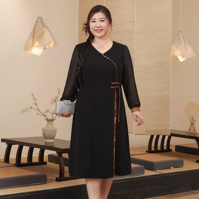 Q大码女装胖mm雪纺连衣裙春季新款时F尚复古盘扣妈妈加肥V领连身