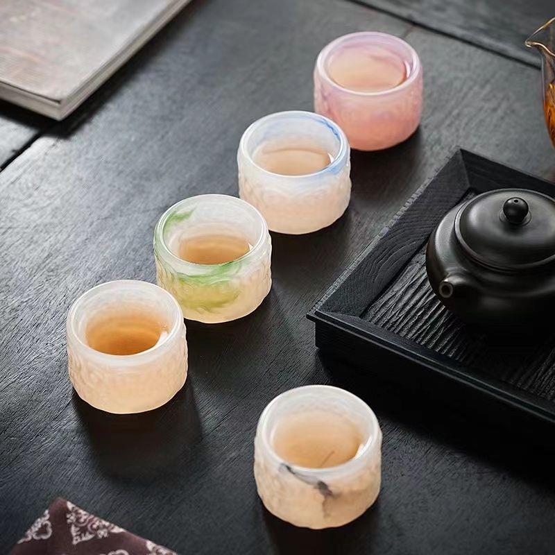 古法琉璃冰种玉瓷主人杯防烫隔热茶杯家用品茗轻奢单杯浮雕祥云杯