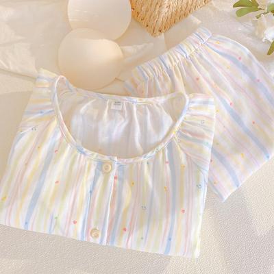 带胸垫全棉A类纯棉双层纱布睡衣女款2025夏季新款短袖家居服套装