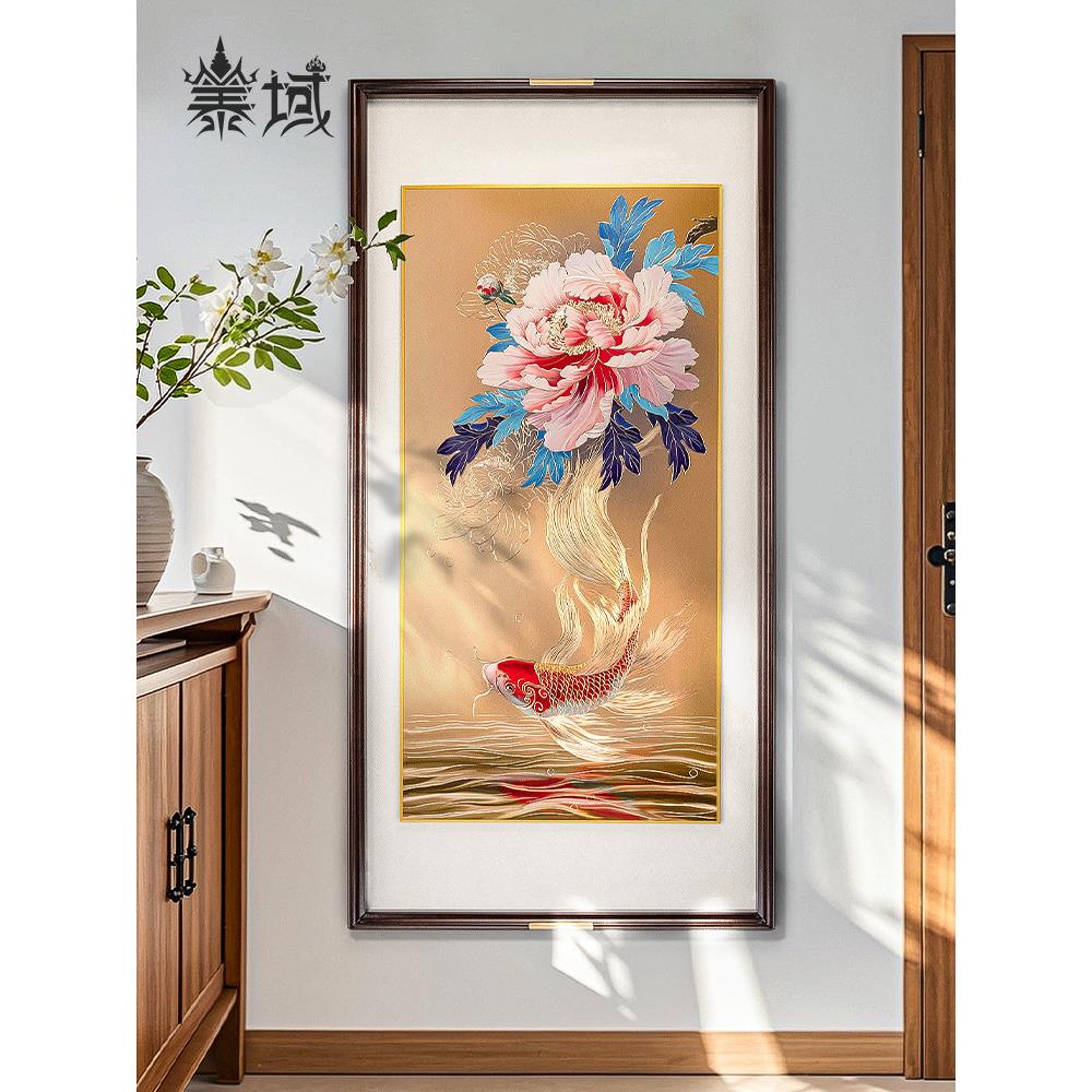 手工錾刻 铜雕画《牡丹锦鲤》玄关走廊装饰画 新中式竖版餐厅挂画