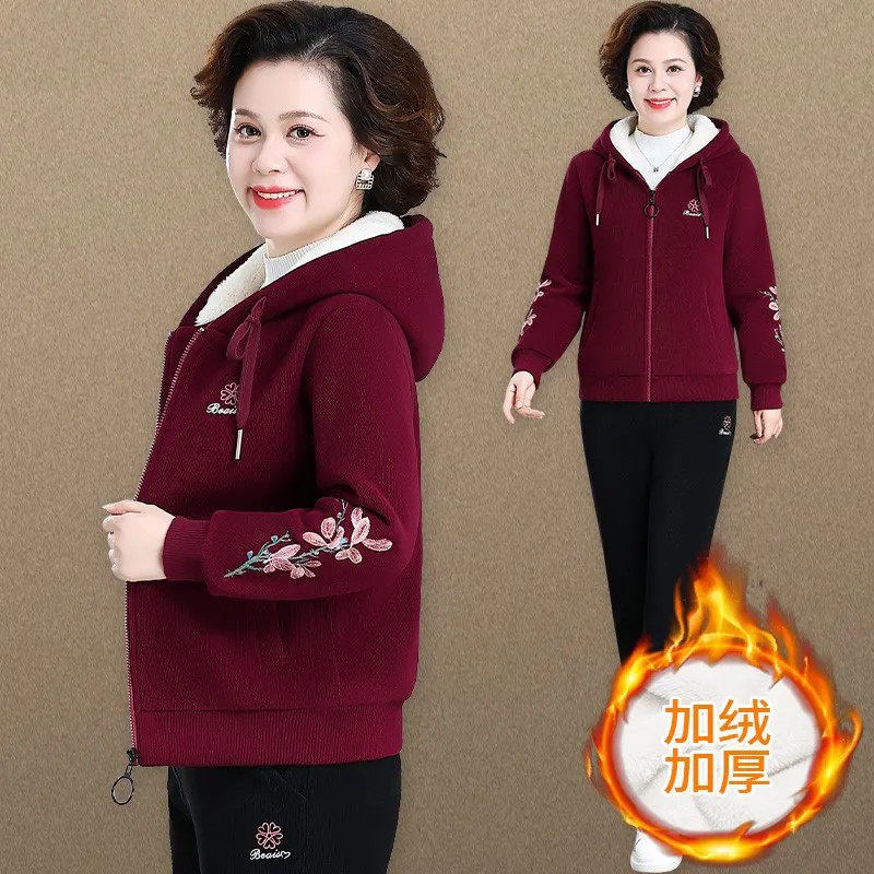 妈妈棉衣加绒加厚外套冬季洋气中B老年运动套装女秋冬保暖衣两件