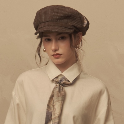 TAM TUAS【档案馆】色织棉麻条纹镂空拼接报童帽