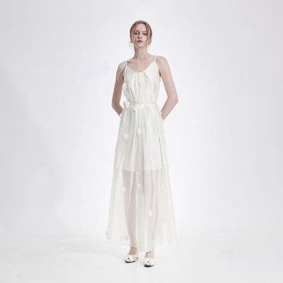 TAM TUAS【柏林少女】杏仁白立体花卉吊带堆积感A字吊带长裙