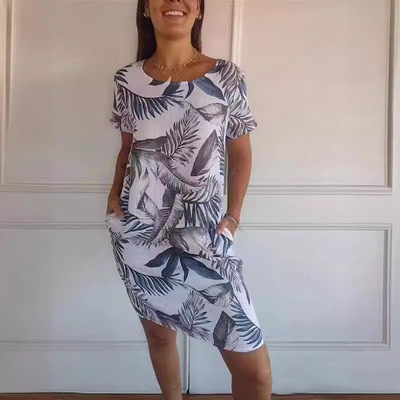 Women's loose short sleeved dress, A-line skirt, round neck