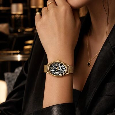Elegant Gold Women's Quatz Watch Fashion Leopad Oval