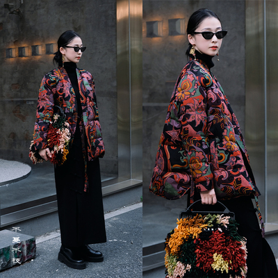 不蔓不枝【沉香】真丝羽绒衣加厚保暖95白鸭绒宽松复古系带V领冬