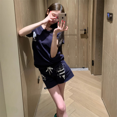 自主春夏新款爱心套装藏青印花短袖T恤圆领女纯欲运动短裤两件套