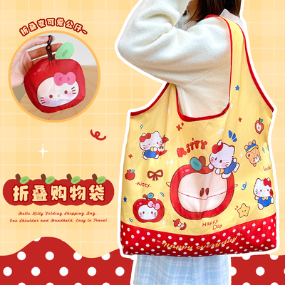 苹果波点小猫手提环保袋便携大容量超市折叠购物袋防水买菜收纳袋