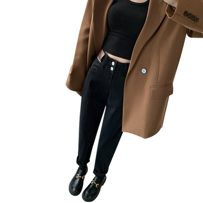 佩艳哈伦裤九分黑色高腰直筒宽松