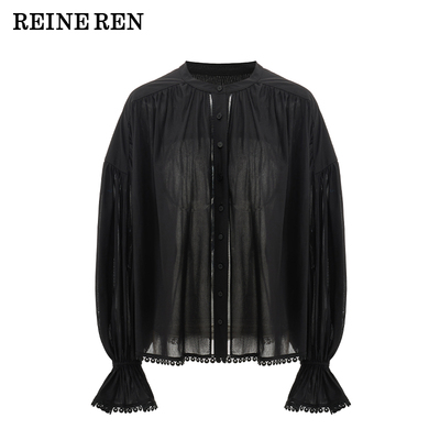 REINEREN任茜设计师款2026新款黑色透视感褶皱宽松上衣