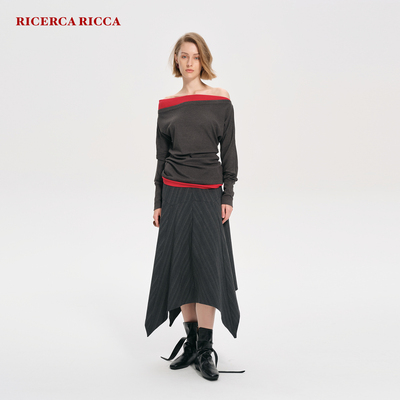 【RiRi】Ricerca Ricca 休闲不规则格纹垂感高腰修身显瘦半身裙女