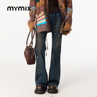 MYMIX水洗喷墨高腰微喇牛仔长裤