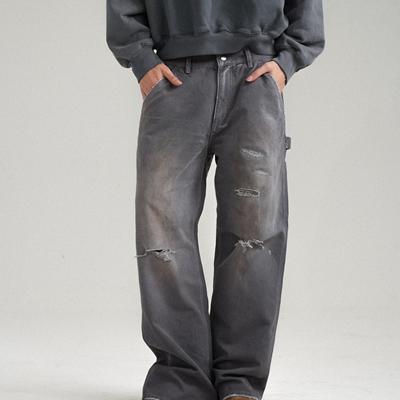 Retro21 R21 成衣染紫色朱帆布工装裤水洗破洞补丁直筒裤