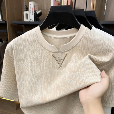 夏季男肌理刺绣透气圆领短袖T恤