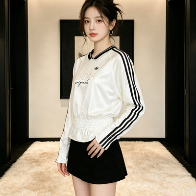 adidas阿迪达斯三叶草宽松球衣长袖T恤26春女装白色套头衫KS2879