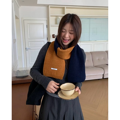 Carrier 韩国亮色落日橘软糯针织围巾双色撞色女冬季保暖围脖学生