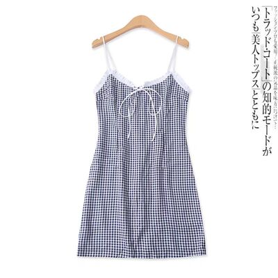 撞色格子吊带裙 夏季新外贸女装时尚修身吊带可调节包臀短裙31056