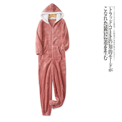 毛绒家居连体衣 秋冬新外贸女装印花连帽领拉链长袖束口长裤29753