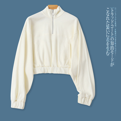 棉混纺加绒卫衣  秋季新款外贸女装半开领立领套头长袖短款32233