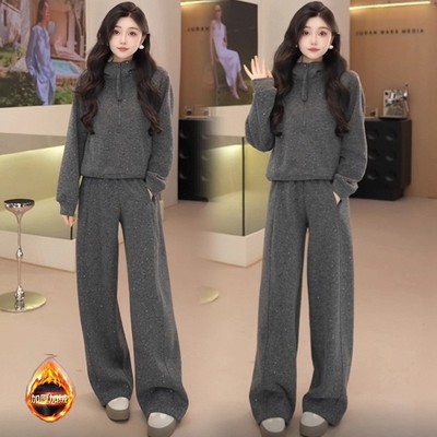 加绒加厚灰色运动服套装女冬季
