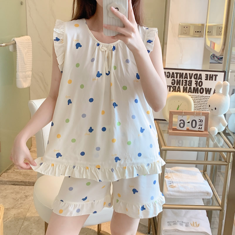 带胸垫棉绸睡衣女夏无袖背心短裤套装宽松大码人造棉家居服