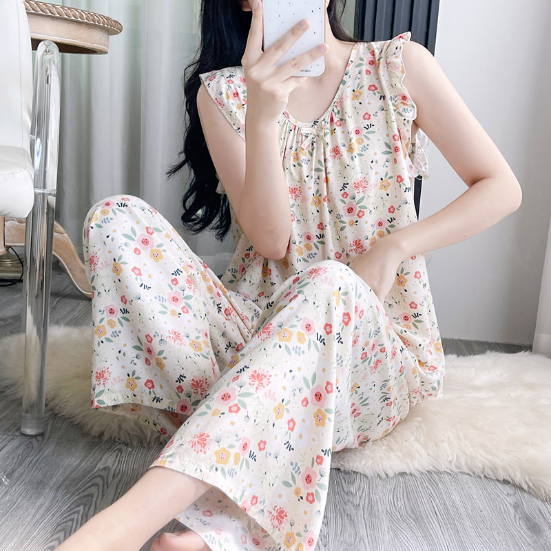 棉绸睡衣女夏季无袖碎花绵绸长裤套装宽松大码人造棉薄款家居服