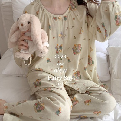 韩系卡通磨毛睡衣女套装