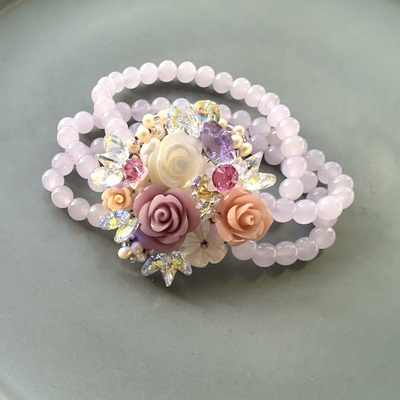 韩国东大门三层天然石粉紫色水晶贝壳花朵手链 超闪弹力 奢华高档