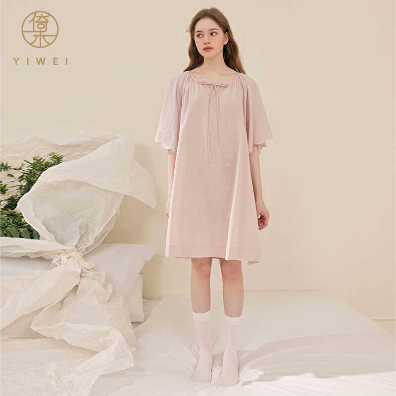 倚未2025新款纯棉睡裙夏季女V领短袖糖果色家居服薄款睡衣可外穿