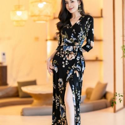 PG DVF连衣裙法式修身裹身裙E25027 墨韵繁花长款无领