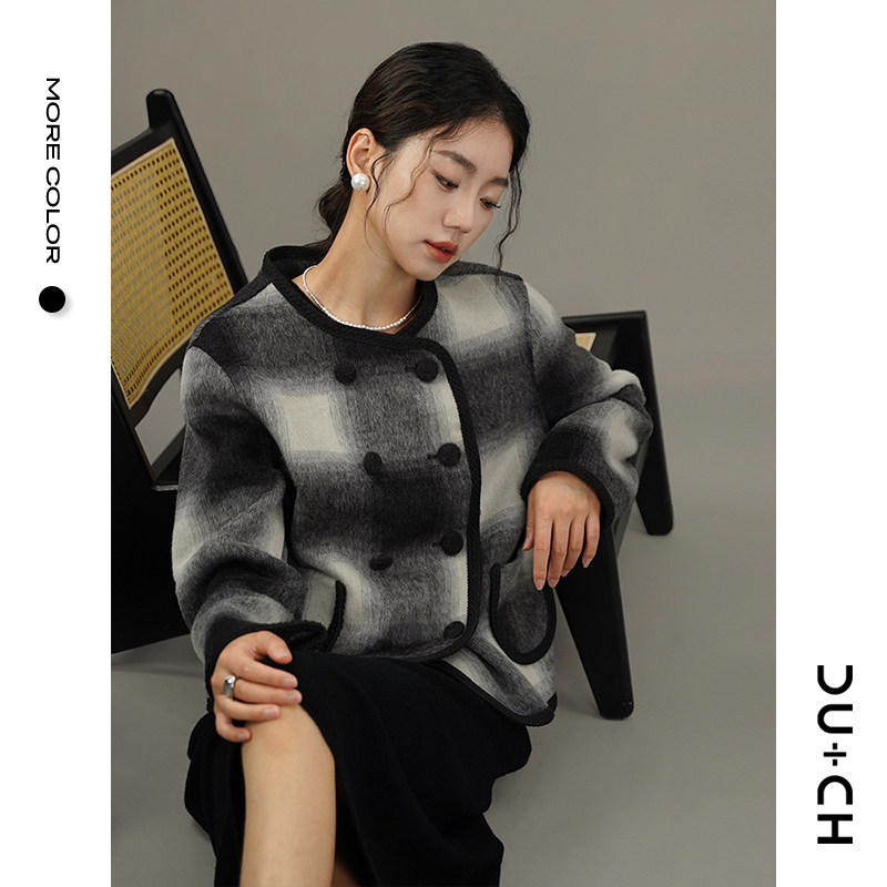 CU+CH流行格子英伦风毛呢外套女2023冬宽松小香风混羊毛短款大衣_虎窝淘