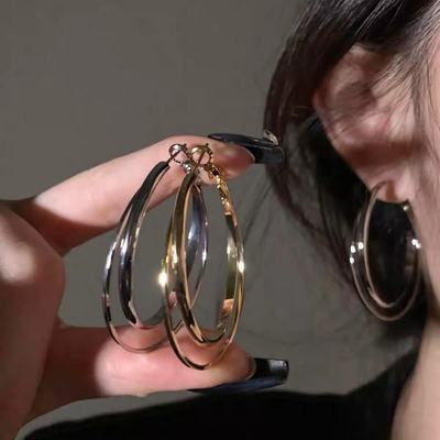 简约 极简双层大耳圈耳环女夏季ins百搭方圆脸清冷个性素圈耳饰
