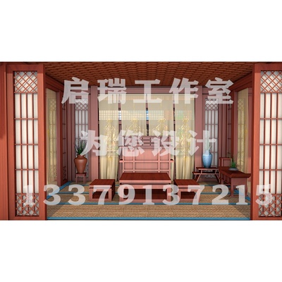 戏曲古典古代屏风房间厅堂木质家具高清LED大屏幕舞台背景图片
