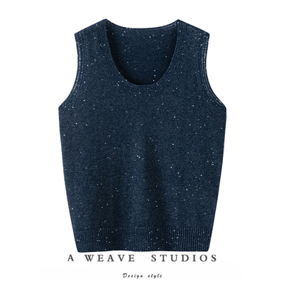 【SAQINI】手工编织夹亮片 U型圆领亚麻棉混纺针织背心 YM5838