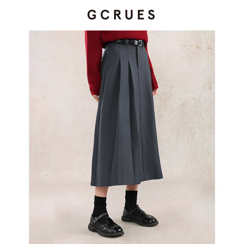 GCRUES半身裙女秋季遮胯显瘦A字灰色百褶裙中裙 G12C07A0752A