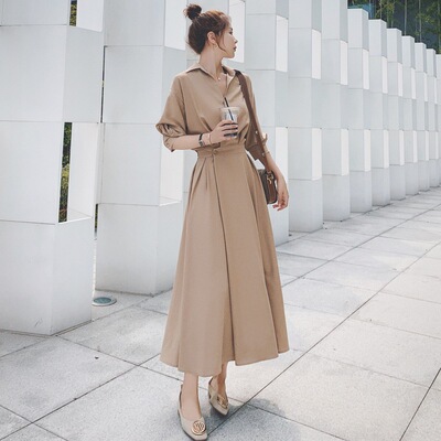 长袖连衣裙女2026春秋新款法式收腰修身气质轻熟风女神范衬衫长裙
