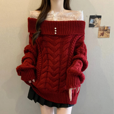 秋冬新款胖MM高级感显瘦蕾丝假两件一字领高领麻花过年红毛衣两穿