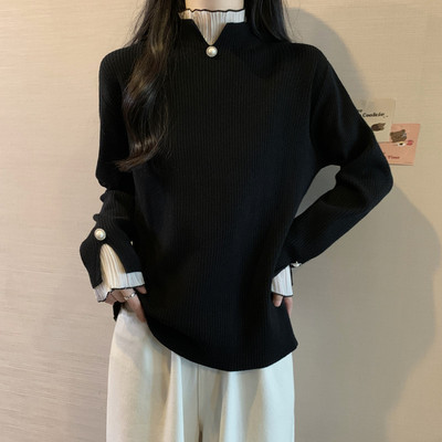 实拍胖妹妹秋冬装大码女装毛衣显瘦假两件套头针织衫宽松韩版上衣